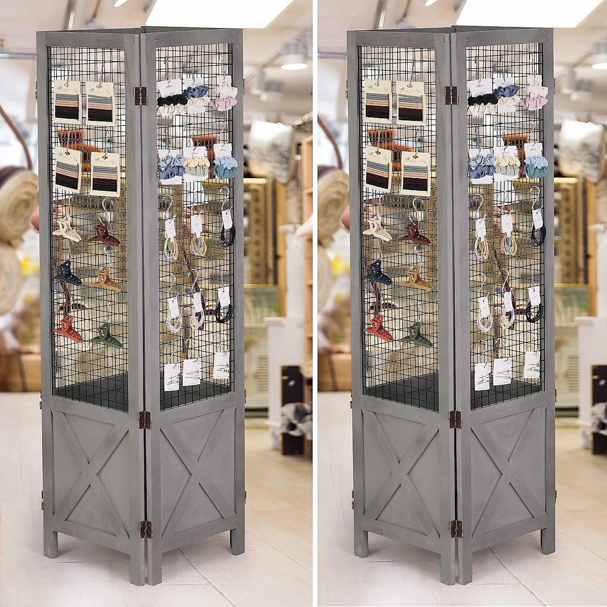 Wnutrees 4 Panel Gridwall Display, Portable Freestanding Display Board for Craft/Art Shows, Retail, Events, Decorative Wood Room Divider Folding Screens, Grey