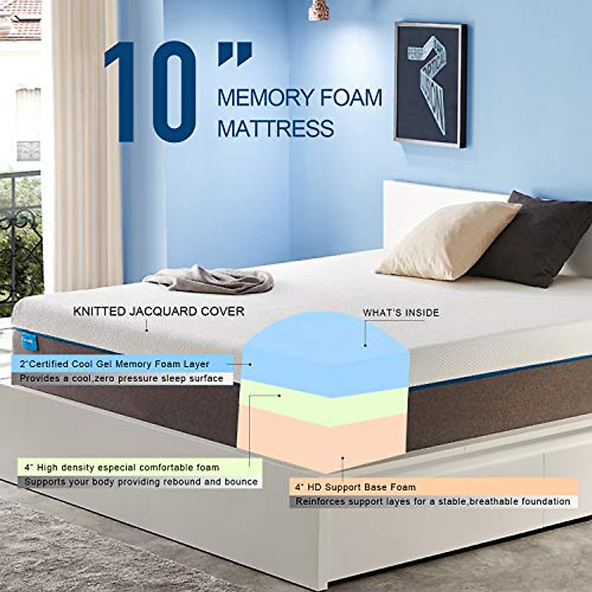 JINGWEI Queen Mattress 10 Inches Cooling-Gel Memory Foam Mattress Bed in a Box, Certified Foam, Pressure Relief Supportive, Medium Firm Queen Size Mattress, 60X 80 X 10inches