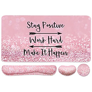 Keyboard Mouse Pad Set, Extended Mouse Pad+Keyboard Wrist Rest Support, Memory Foam Ergonomic Easy Typing, 3Pcs (35.4×15.7 in) Desk Pad Set for Home Office Study Game - Pink Stay Positive