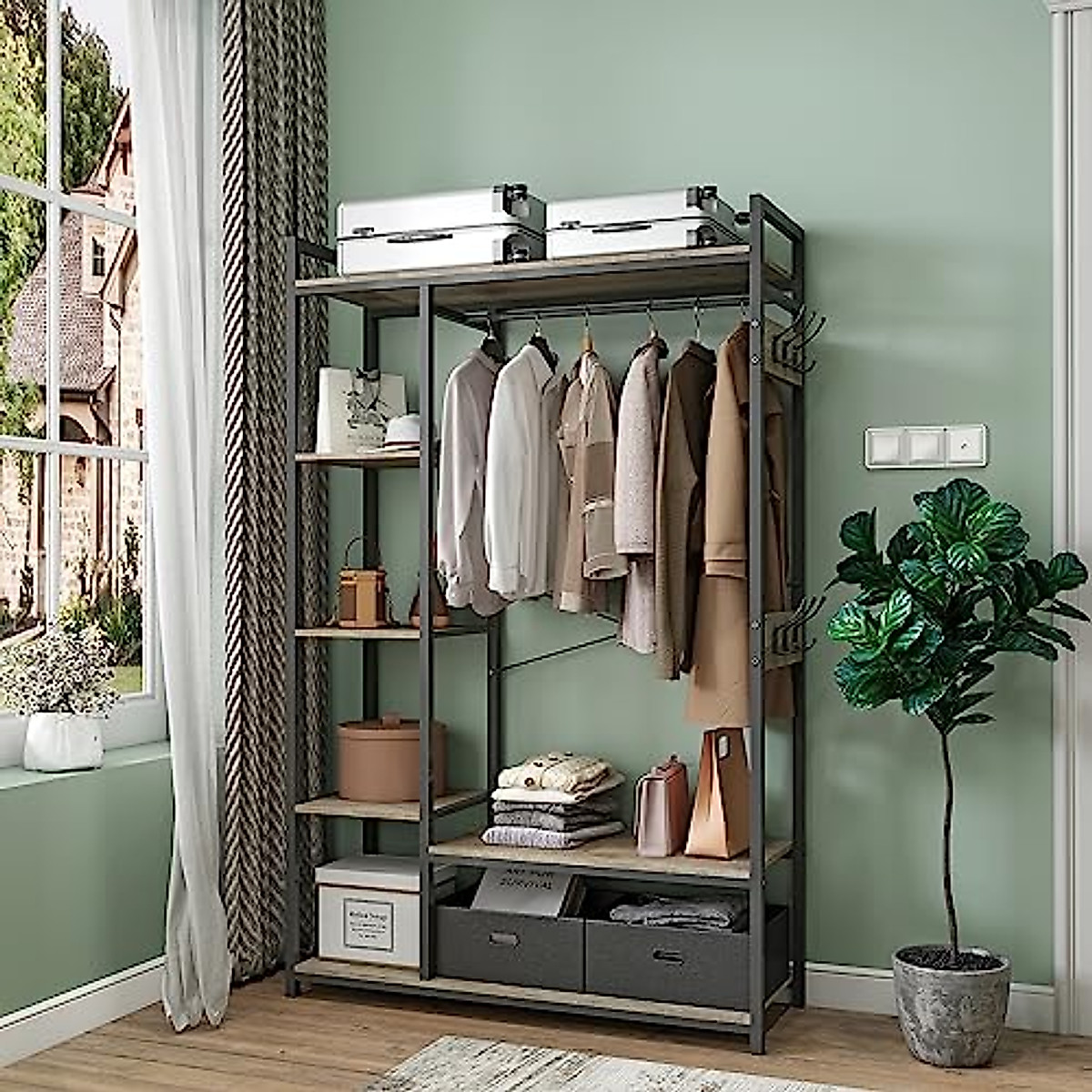 GERDIOEB Garment Organizer, Freestanding Closet Organizer, Freestanding Closet System with Open Dividers and Rails for Hanging Clothes, Sturdy Storage Closet Hangers, Bedroom Hangers (Grey)