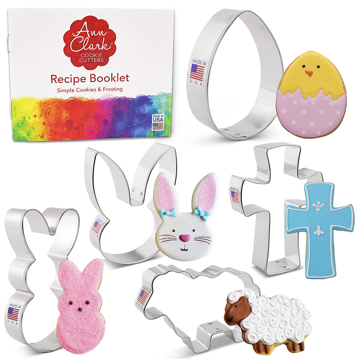 Easter Cookie Cutters 5-Pc. Set Made in USA by Ann Clark, Easter Egg, Easter Bunny, Bunny Face, Holy Cross, Lamb