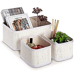 Sorbus Bamboo Storage Baskets - Set of 3 - Organizer Bins for Closet, Open Shelves, Bedroom - Fluted Design - Fabric Lining - Generous Depth & Large Size