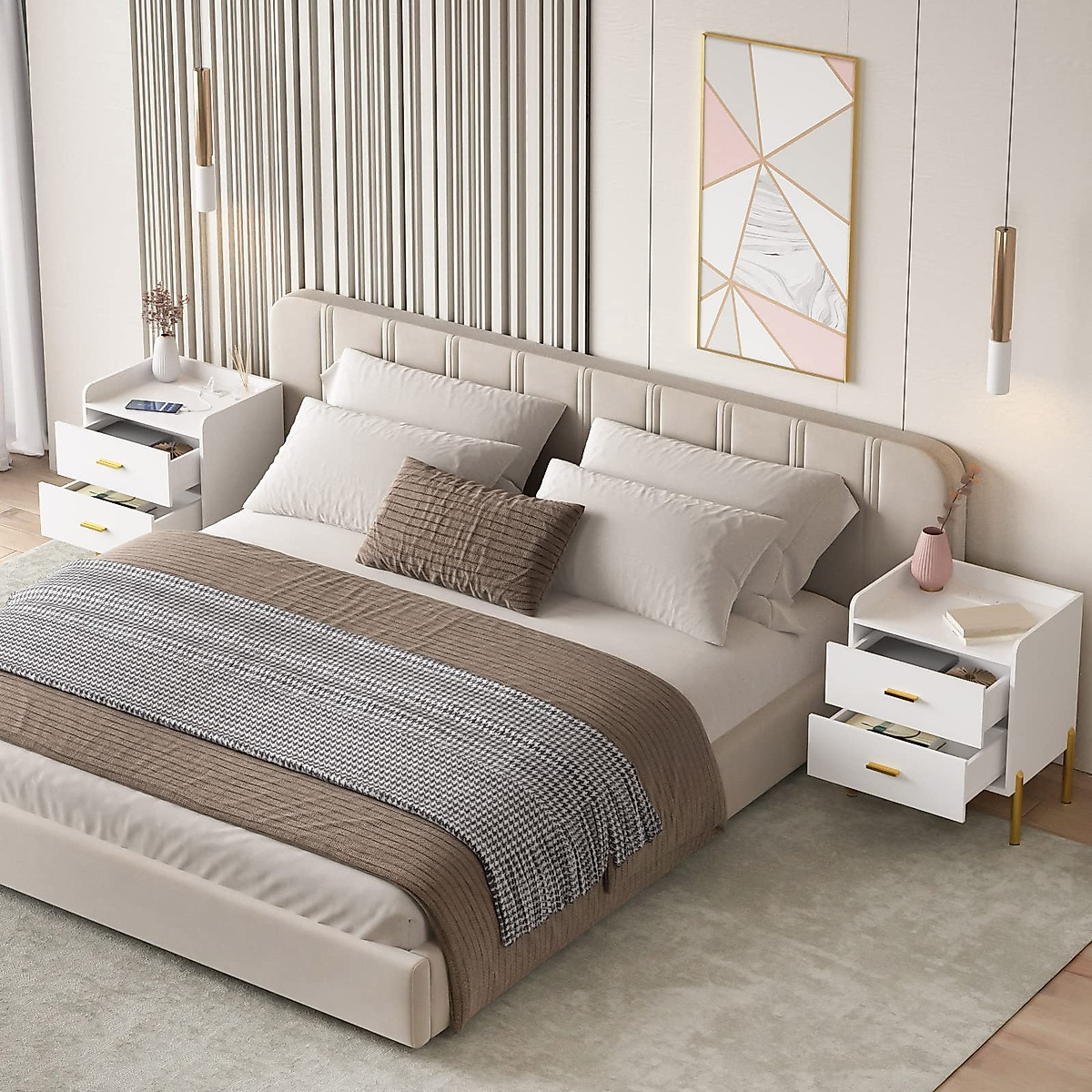 White Nightstand Set of 2,Mid Century Modern End Table with Charging Station,Farmhouse Storage Night Stand Bedside with 2 Drawer