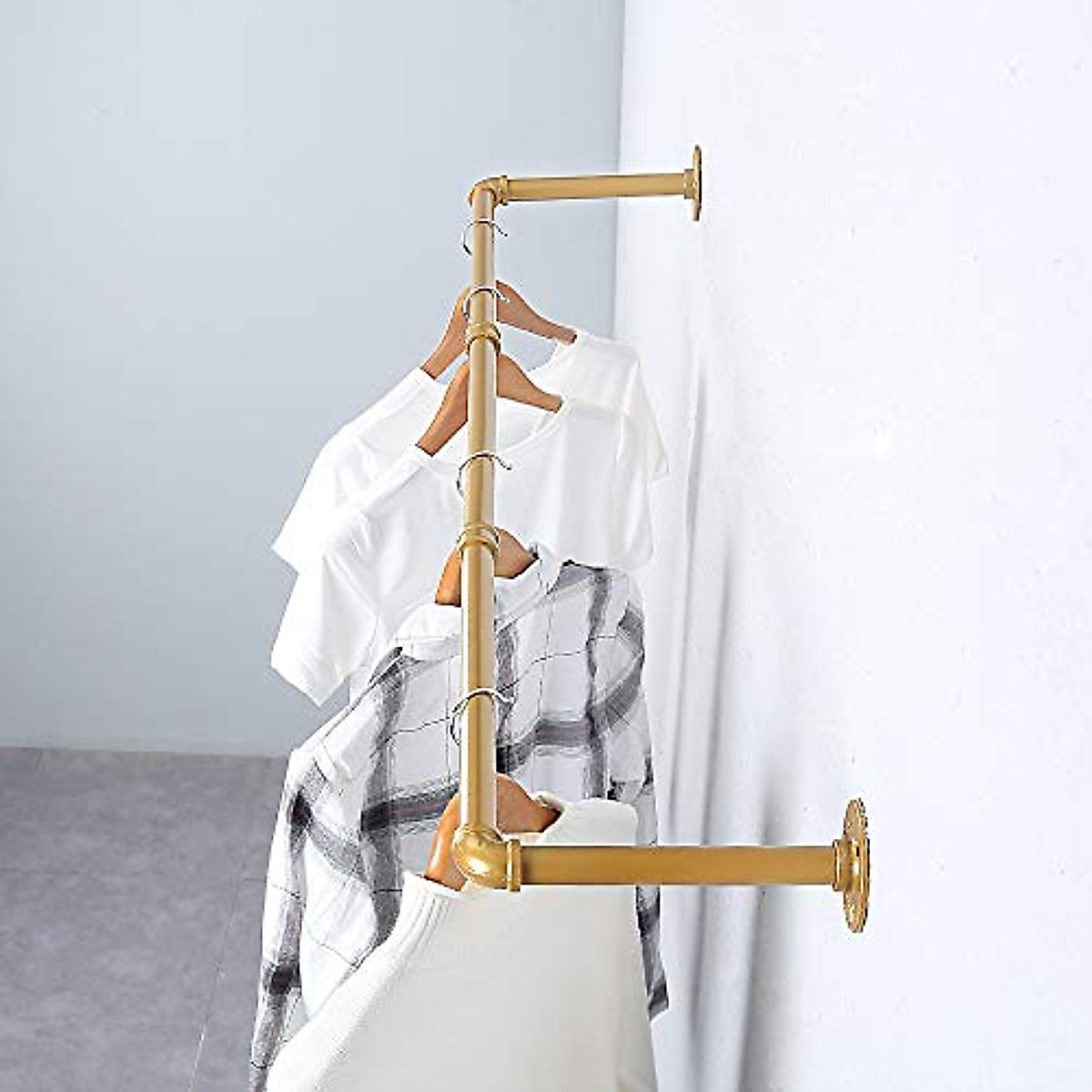 JIANZHUO Industrial Pipe Clothes Rack Wall Mounted,Vintage Retail Wall Mount Pipe Clothing Rack,Metal Commercial Garment Rack for Hanging Clothes,Laundry Room Display Rack Cloths Rack(Gold,59in)