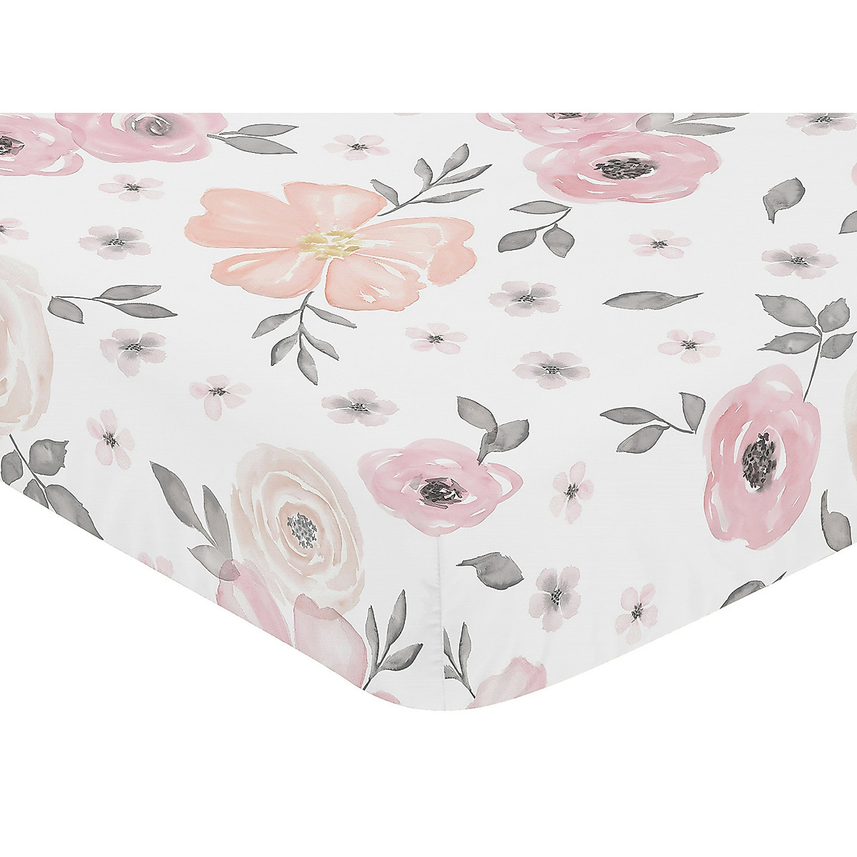Sweet Jojo Designs Watercolor Floral Girl Cotton Fitted Crib Sheet Baby or Toddler Bed Nursery - Blush Pink, Grey and White Boho Shabby Chic Rose Flower 100% Cotton