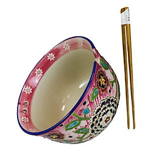 Ebros Mandala Floral Blooms With Pink Polkadot Art Splash Ramen Udon Noodles Large 6.25" Diameter Soup Bowl With Built In Rest and Bamboo Chopsticks Set for Rice Pasta Salad