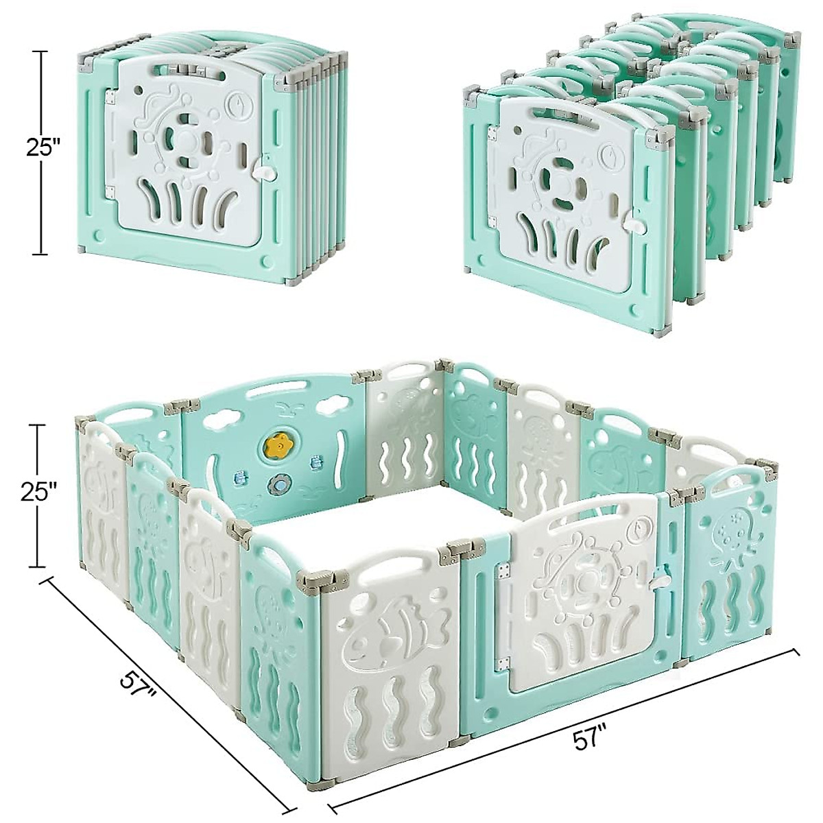 Play Yard Baby Playpen 14 Panels Foldable - Kids Safety Play Center Yard Game Panel and Gate with Safety Lock Adjustable Shape for Children Toddlers Indoors and Outdoors 25 Sq Ft(Blue+White)