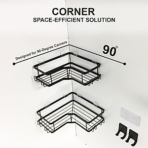 Corner Shower Caddy Organizer Set, Pack of 3 Adhesive Rustproof Stainless Steel Shower Racks with 2 Wall Hooks, Bathroom & Kitchen, Black
