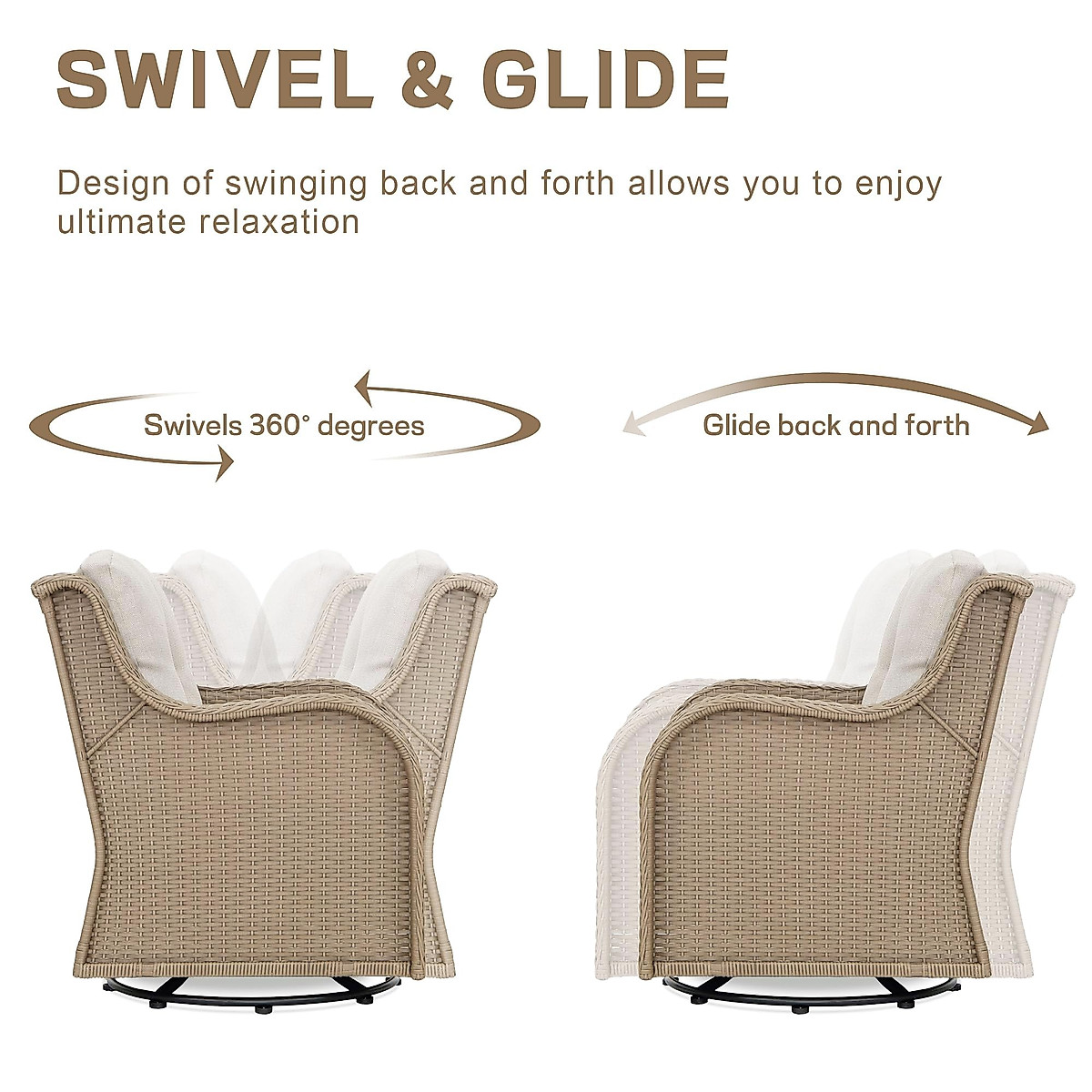 J.M.Deco Outdoor Swivel Rocker Patio Chairs Set of 2 and Matching Side Table - 3 Piece Wicker Patio Bistro Set with Premium & Soft Fabric Cushions for Porch, Backyard, Balcony (Light Brown)