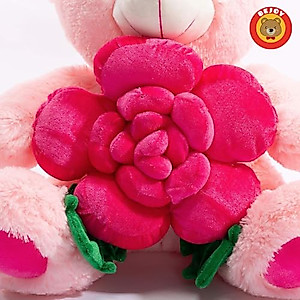 BEJOY Teddy Bear Stuffed Animals Plush Bear Holding Rose Soft Plush Toy Valentine's Day, 16 Inch, Pink