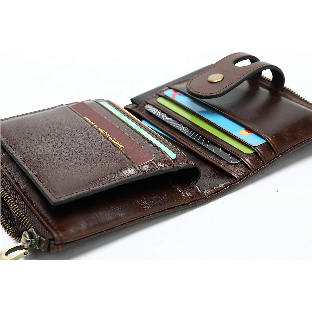 NIUCUNZH Genuine Leather Soft Bifold Rfid Wallets for Men Coin Purse Keychain Snap Zip Wallet with Chain Coffee