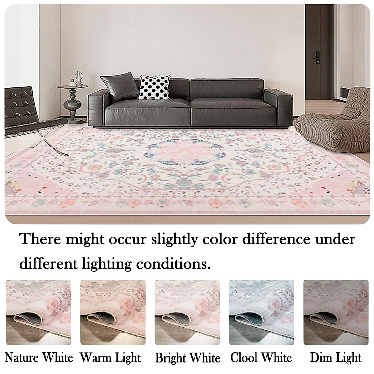 auruge Area Rug - Vintage 8x10 Non-Slip Backing Area Rugs Light Pink Soft Faux Wool Carpet Foldable & Machine Washable Rugs for Living Room Bedroom Dining Room Nursery Home Office