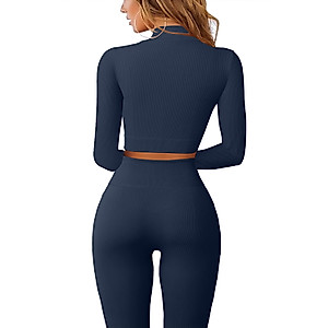 QINSEN Workout Sets for Women 2 Piece Seamless Long Sleeve Crop Tops Ribbed High Waist Leggings (M, Y118 Dark Blue)