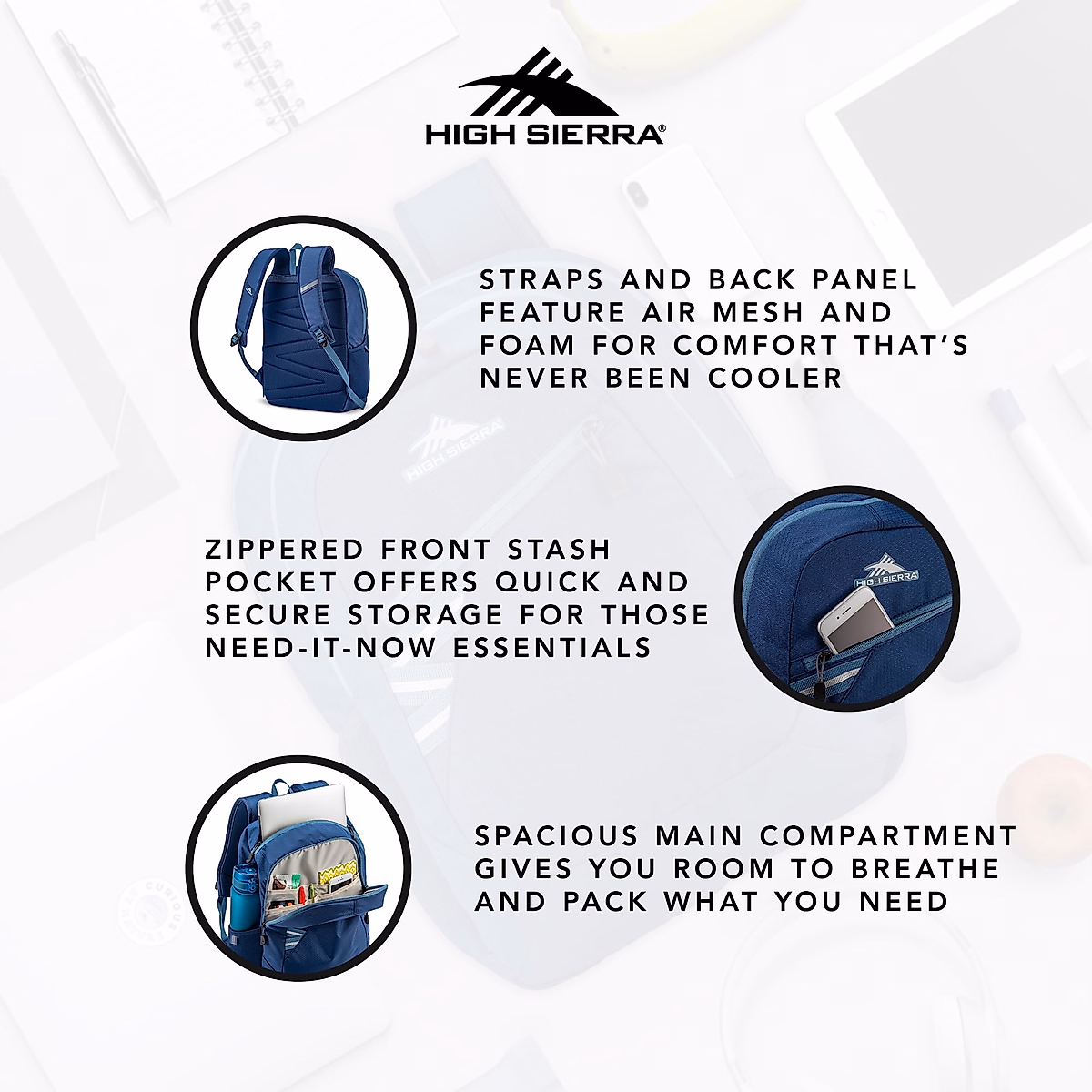 High Sierra Outburst 2.0 Carry-On Daypack Book Bag with Padded Laptop Tablet Sleeve, 360 Degree Reflectivity, Fits Most 15.6" Laptops, 28L, Graphite Blue/True Navy
