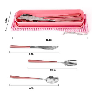 5 Pcs Portable Stainless Steel Flatware Set, Travel Reusable Utensils Set, Cutlery Set Including Knife, Fork, Spoon, and Carry Case for School, Office, Camping, and Picnic (pink)