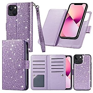 Varikke iPhone 13 Wallet Case - 9 Card Holder, Magnetic Detachable Cover, Kickstand Strap, Glitter PU Leather, Light Purple