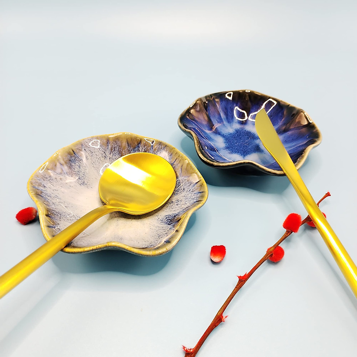 NJLJOM 2 Pack Ceramic Spoon Rest, Lotus Shape Heat-Resistant Utensil Rest for Kitchen Counter, Coffee Spoon Rest, Dessert Plates，Small Serving Plates, Kitchen Accessories (Deep Color)