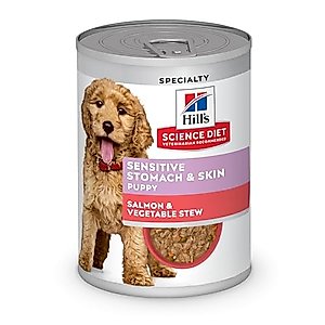 Hill's Science Diet Sensitive Stomach & Skin, Puppy, Stomach & Skin Sensitivity Support, Wet Dog Food, Salmon & Vegetable Stew, 12.5 oz Can, Case of 12
