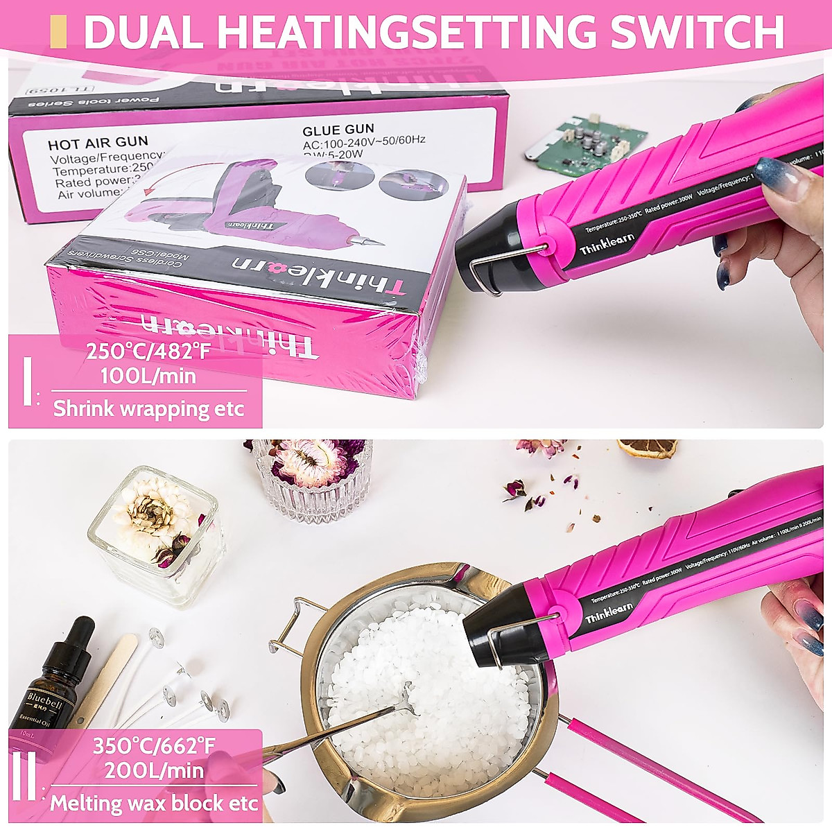 ThinkLearn Heat Gun - Mini Heat Gun for Crafting with 300W, Dual Temp Heat Gun 482°F-662°F, Fast Heat Hot Air Gun&Glue Gun Set with Nozzle, for DIY Craft Embossing Candle Making Shrink Wrapping (Pink)