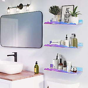 wooshwa Iridescent Rainbow Acrylic Floating Shelves,15in Kids Wall Mounted Nursery Bookshelves, Display Ledge for Books Toys Cosmetic, Bathroom Bedroom Living Room Wall Decor and Storage, 4 Pack