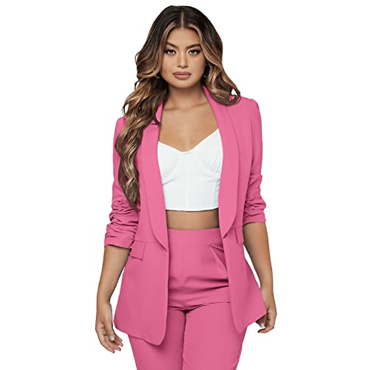 SweatyRocks Women's 2 Piece Solid Ruched Sleeve Blazer and Pants Business Office Suit Set Hot Pink L