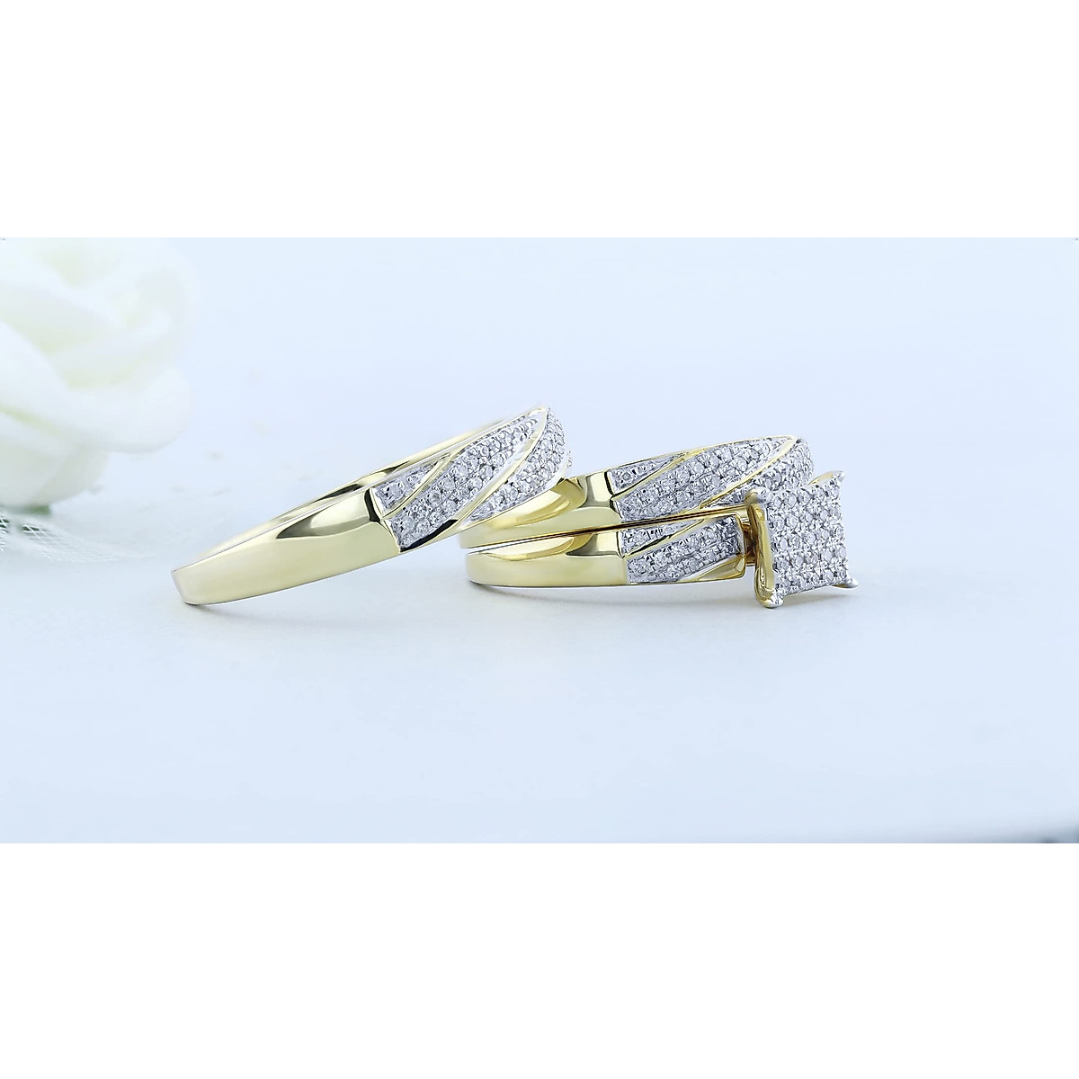 Dazzlingrock Collection 0.36 ctw Round White Diamond Square Head Trio Ring Set in 18K Yellow Gold Plated Sterling Silver, Women Size 7 & Men Size 10