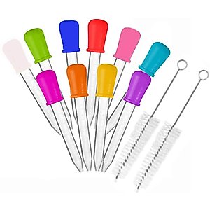 10 Pcs 5ml Liquid Droppers & 2 Brushes,Silicone and Plastic Pipettes Transfer Eyedropper with Bulb Tip for Candy Molds,Childhood,Pet,Crafts Projects- 10 Colors