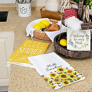 GEEORY Kitchen Towels for Summer Decor Hello Summer Sunflowers Dish Towels 18x26 Inch Ultra Absorbent Bar Drying Cloth Hand Towel for Kitchen Bathroom Party Home Decorations Set of 2