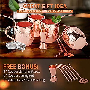 DOTGROUP Moscow Mule Mugs, Copper Mule Mugs Set of 4, Creative Hammer Point Copper Cups with Copper-plated Inner for Beer and Cocktail, 4 Cocktail Copper Straws, 1 Stirring Rod, 2oz/4oz Double Jigger