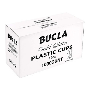 bUCLA 100Pack Gold Glitter Plastic Cups-12oz Plastic Square Cups-Wedding/Party Disposable Cups-Premium Disposable Tumblers for Thanksgiving Party