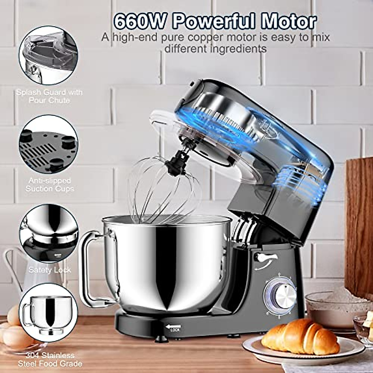 Stand Mixer, 6 IN 1 Multifunctional Electric Kitchen Mixer 660W 6 Speed with 7.4QT Stainless Steel Bowl, 1.5L Glass Jar, Meat Grinder, Dough Hook, Whisk, Beater, Sausage Kit, Food Mixer for Baking