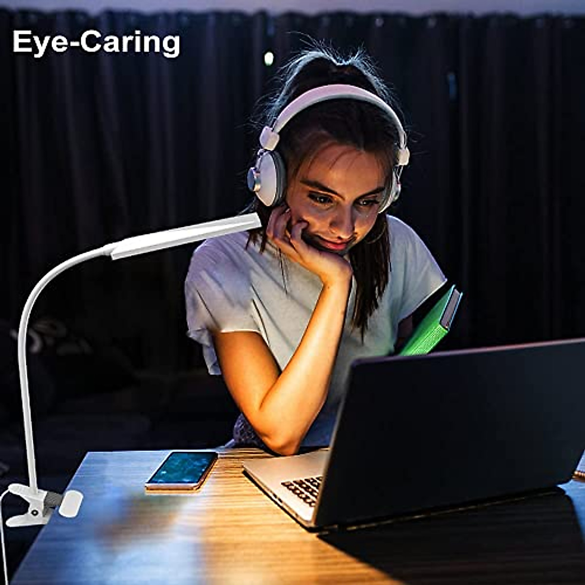 JUANWE LED Desk Lamp, Reading Light Clip on Light, Dimmable Clamp Light with USB Charging Port, 3 Modes & 14 Brightness Levels 5W LED Metal Clip Light, White