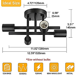 SunRider Industrial 4-Light Semi Flush Mount Ceiling Light Fixture, Modern Farmhouse Lighting Matte Black, Rustic Sputnik Chandelier Ceiling Lamp for Kitchen Bedroom Living Room, Bulbs Not Included