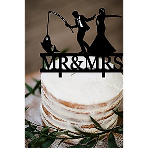 Yuezoloz Funny Fishing Wedding Cake Topper - Just Wait a Second - The Bride Urges Groom to Get Married,Fishing Couple Cake Topper, Mr & Mrs Wedding Cake Topper (Fishing Couple)
