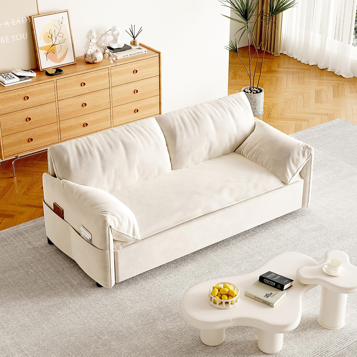 3 in 1 Convertible Queen Sleeper Sofa Bed Comfy Pull Out Futon Couch Bed 63.8" Modern Velvet Recliner Loveseat Sofa Multi-Functional Black Cloud Couch for Living Room,Apartment,Office (Beige 63.8in)