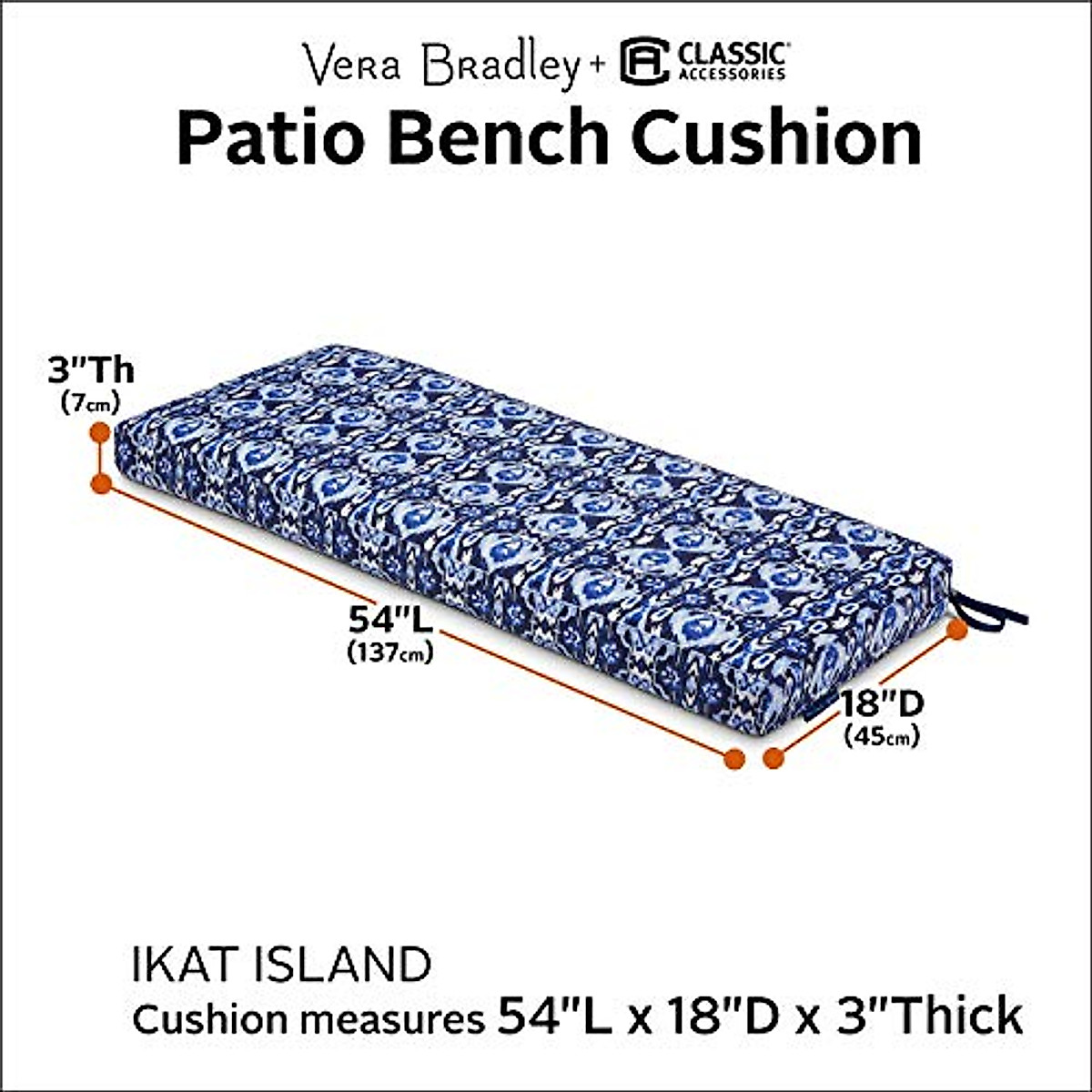 Vera Bradley by Classic Accessories Water-Resistant Patio Bench Cushion, 54 x 18 x 3 Inch, Ikat Island, Patio Furniture Cushions