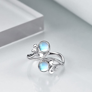 TIGER RIDER Double Moonstone Wave Rings for Women 925 Sterling Silver Filigree Ring for Girls Mother Daughter Gifts Size 8