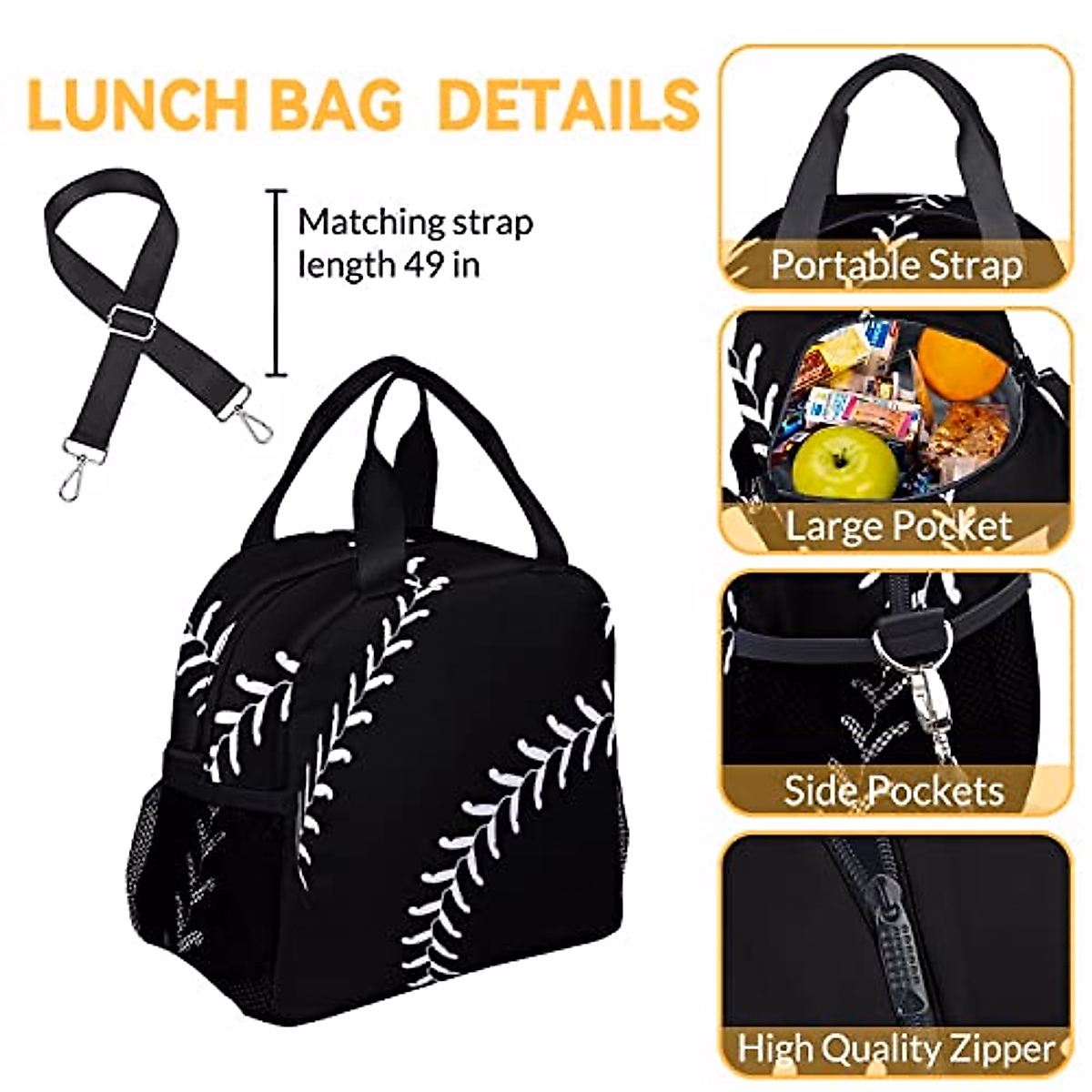 XaocNyx Baseball Backpack with Lunch Box and Pencil Case Set, 3 in 1 Matching Boys Black Backpacks Combo, Cool Bookbag and Pencil Case Bundle