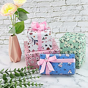 PETOX Gift Wrapping Paper Set 19.7 x 27.5 Inch - Floral Flower Birthday Wrapping Paper for Girls/Women, Wrapping Paper and Ribbon Set for Wedding, Mother's Day (Pack of 10)