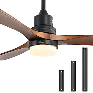 Sofucor 52" Ceiling Fan with Lights Remote Control, 3 Poles for Indoor Outdoor Ceiling Fan with Remote, Reversible Noiseless ETL Motor, 3 Walnut Wooden Blades