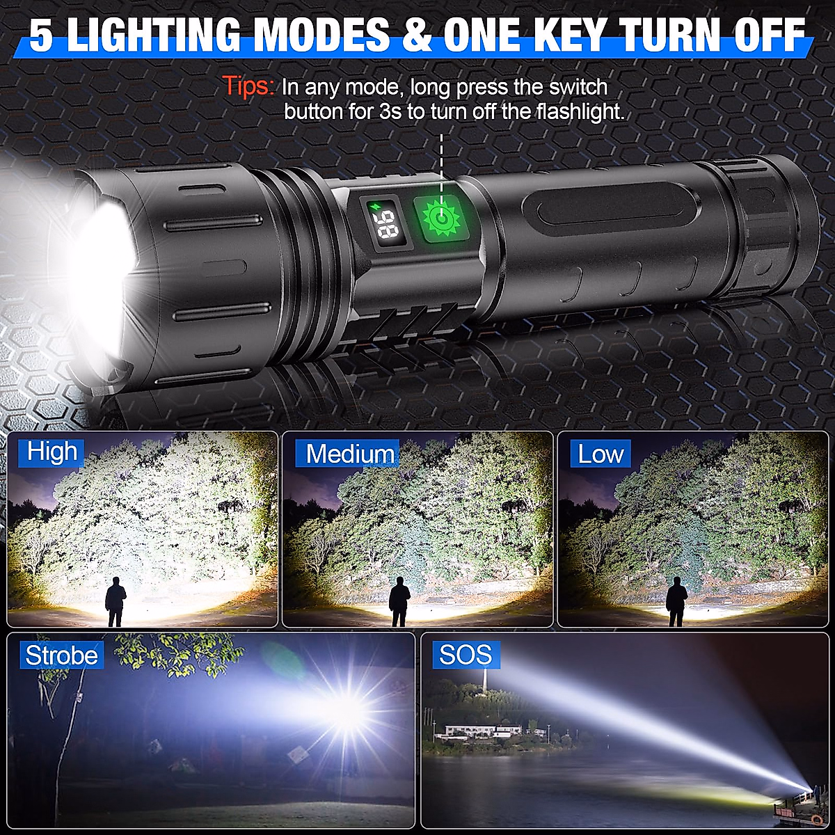 LED Flashlights High Lumens Rechargeable, 100000 Lumens Super Bright Powerful Flashlight, Type-C, 5 Modes, Zoomable, IPX5 Waterproof High Powered Tactical Flash Light for Emergency Camping Hiking