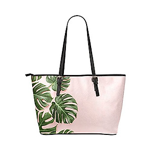 InterestPrint Hawaiian Tropical Leaves Monstera on Pink Women's Leather Handbags Ladies Shoulder Bag Tote Bags
