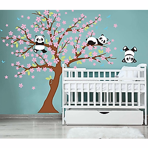 LUCKKYY Three Pandas Plying on Cherry Blossom Trees Branches Wall Decal Tree Wall Decal Tree Wall Sticker Nursery Bedroom Kid Baby Wall Decals Forest Mural Paper Nursery Vinyl Removable (Brownpink+)