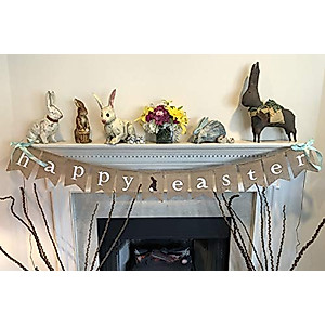 Happy Easter Burlap Banner Garland - Bunny Rabbit & Fluffy Tail Design - Ready to Hang Wall Decor - Complete with Hanging Ribbon Decoration - by Jolly Jon