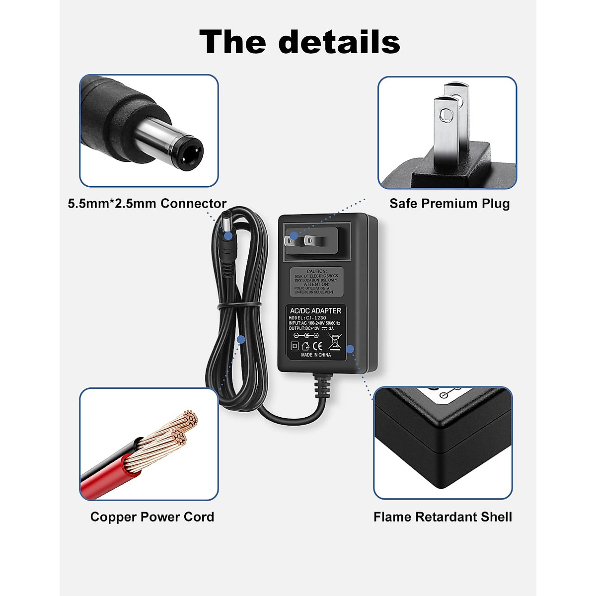 DC 12 Volt 3 Amp Power Supply Adapter 3A AC Adapter 100-240V 50-60Hz AC to DC 12V Cord with 5.5mmx2.5mm DC Barrel & 1 Tip for LED Strip Lights Speakers Routers [DC 12V 3A]