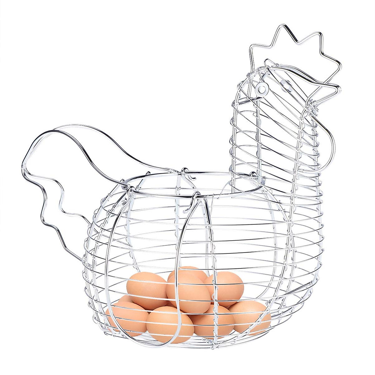 BESTonZON Chicken Shaped Metal Wire Egg Baskets, Rustic Round Baskets for Fresh Eggs, Vintage Storage Egg Collecting Basket, Silver