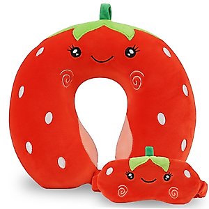 Kids Neck Pillow for Travel with Sleep Eye Mask, Cute Travel Neck Pillow, Memory Foam Flight Sleeping Headrest Pillow for Boys & Girls, Airplane, Train, Car, Home Use - Red Strawberry