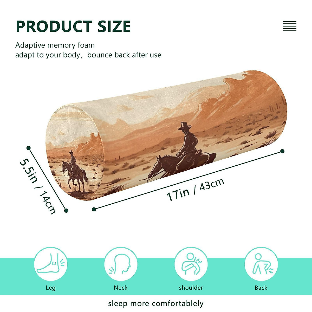 xigua Western Cowboy Neck Roll Pillow for Neck Relief with Removable Washable Cover - Memory Foam Round Cylinder Bolster, Ergonomically Designed for Head, Neck, Back, and Legs