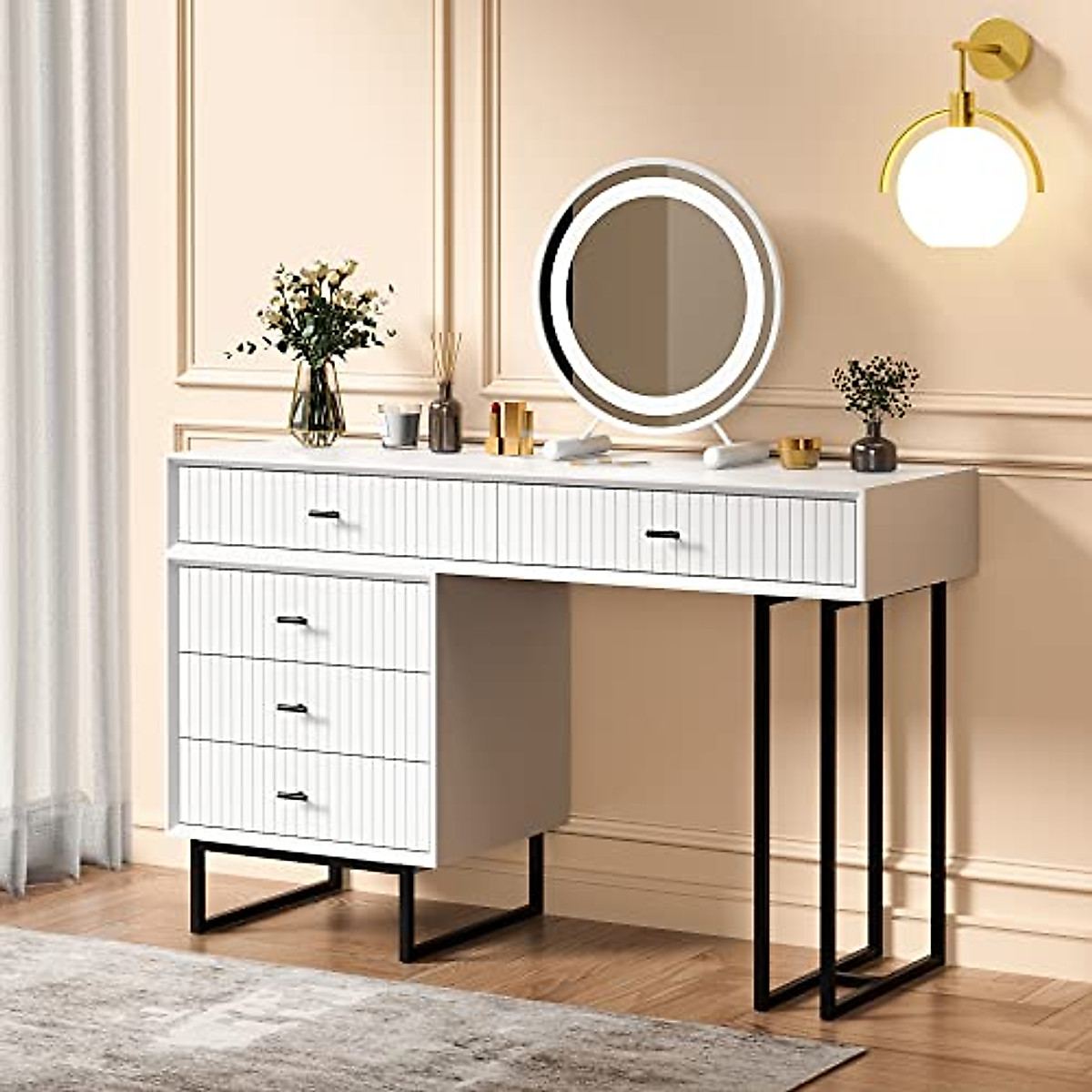 Anbuy White Makeup Vanity Desk with 3-Color Touch Screen Lighted Mirror, Large Modern 5 Drawers Makeup Vanity Table Set with Lights Dressing Table for Women Girls