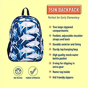 Wildkin 15-Inch Kids Backpack for Boys & Girls, Perfect for Early Elementary Daycare School Travel, Features Padded Back & Adjustable Strap (Sharks)